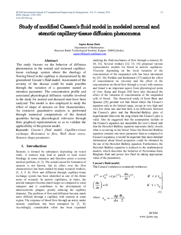 (PDF) Study of modified Casson's fluid model in modeled normal and ...