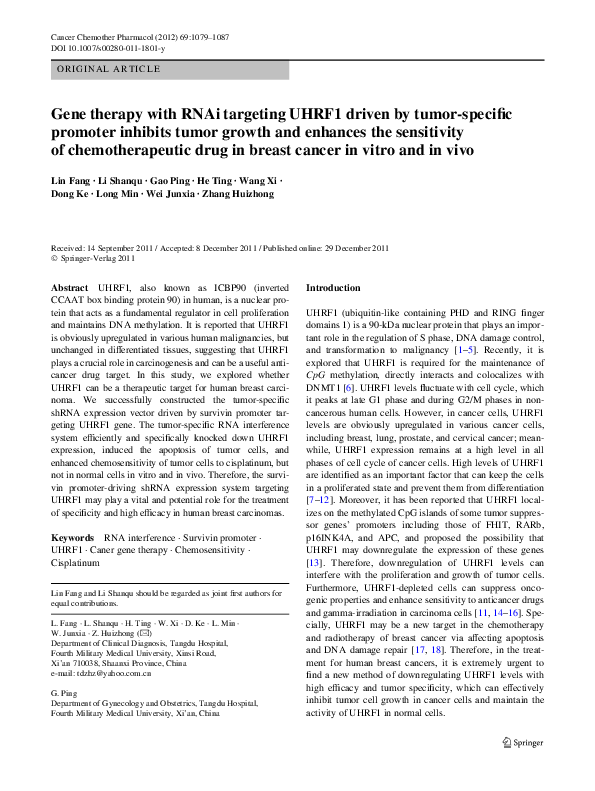 (PDF) Tumor-Specific RNAi Targeting UHRF1 in Breast Cancer