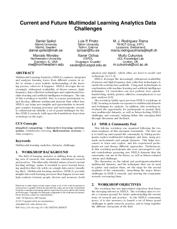 (PDF) Current and future multimodal learning analytics data challenges