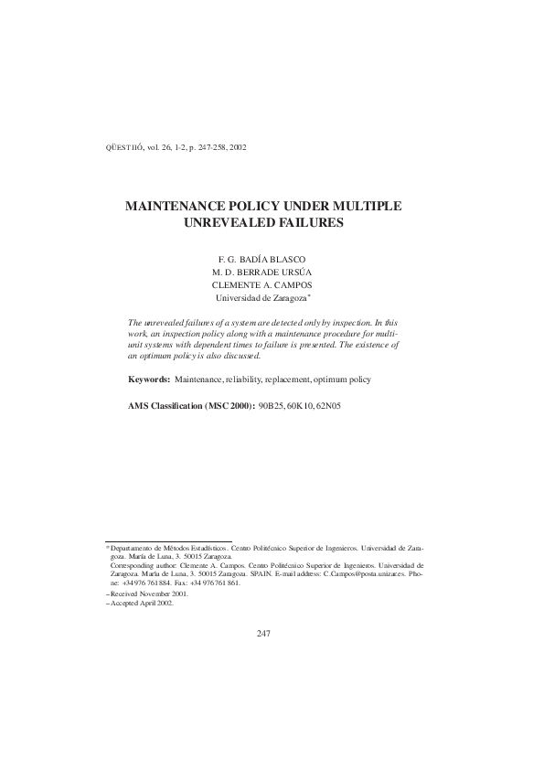 (PDF) Maintenance policy under multiple unrevealed failures