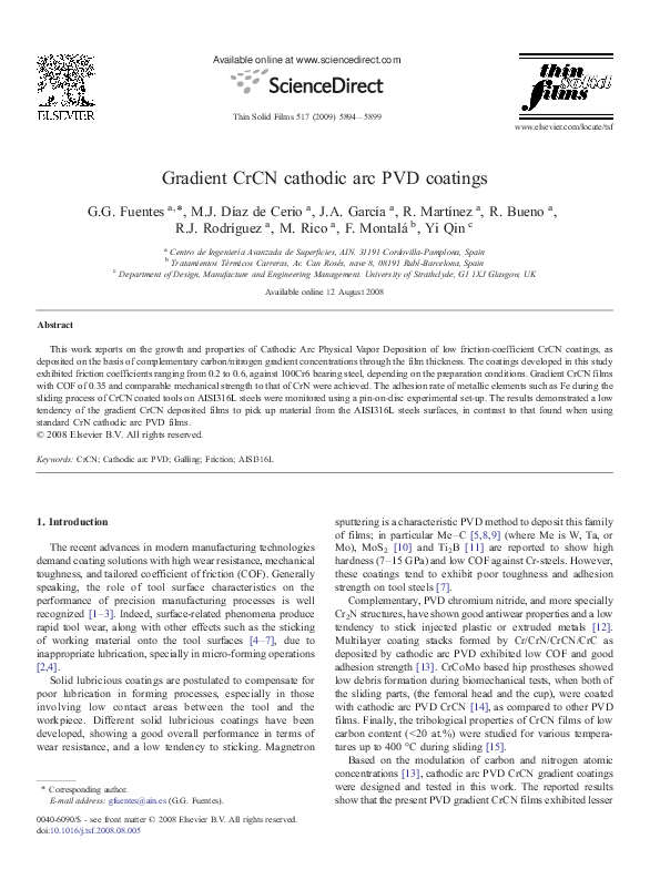 (PDF) Gradient CrCN cathodic arc PVD coatings