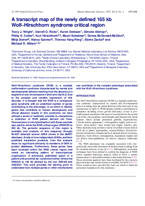 (PDF) A Transcript Map of the Newly Defined 165 kb Wolf-Hirschhorn Syndrome Critical Region