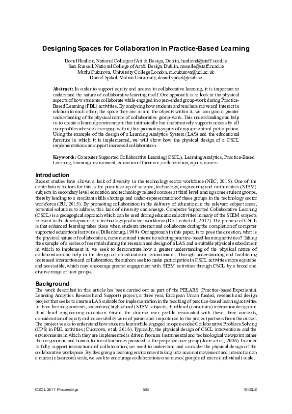 (PDF) Designing Spaces for Collaboration in Practice-Based Learning
