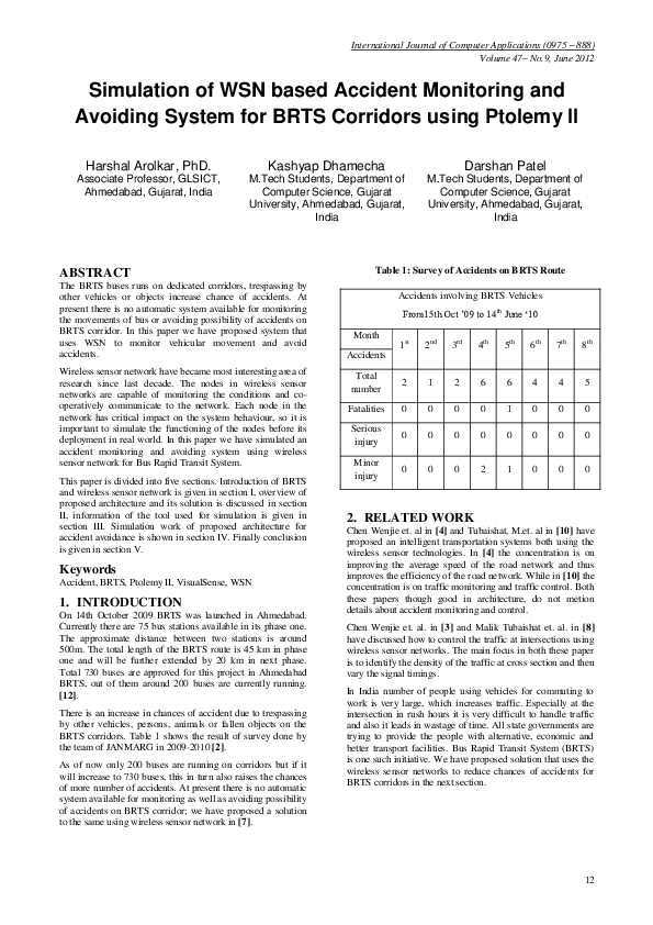 Pdf Simulation Of Wsn Based Accident Monitoring And Avoiding System For Brts Corridors Using