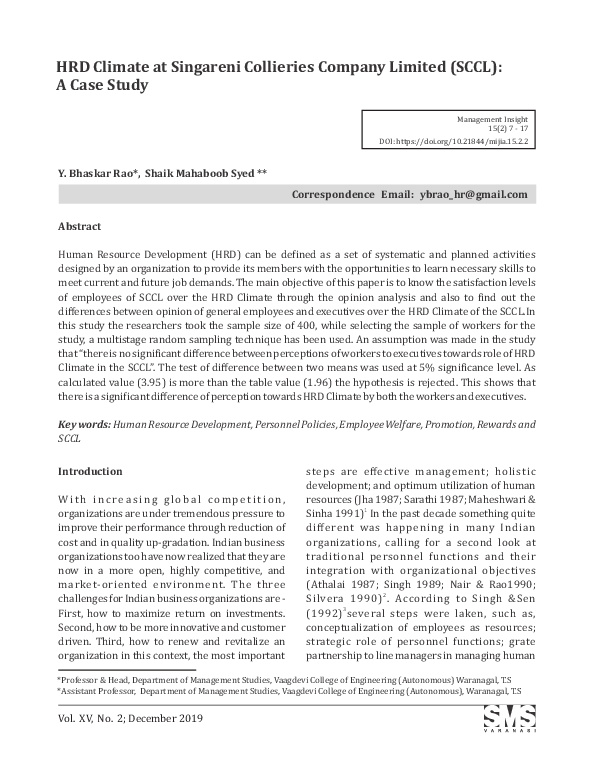 (PDF) HRD Climate at Singareni Collieries Company Limited (SCCL) : A ...