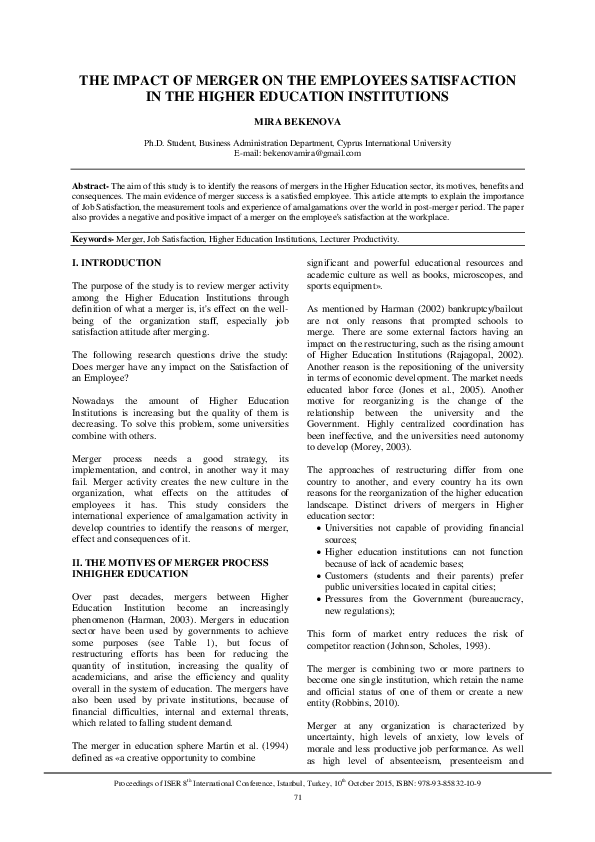 (PDF) The Impact of Merger on the Employees Satisfaction in the Higher ...