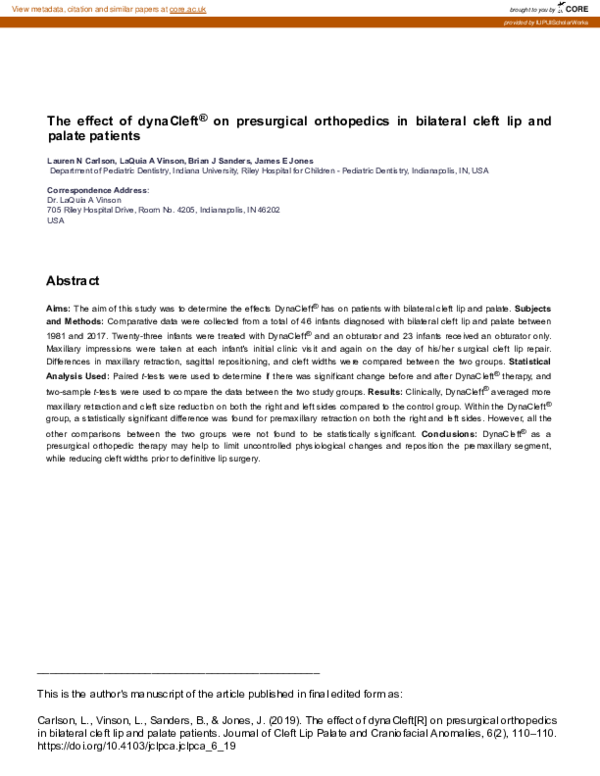 (PDF) The effect of dynaCleft® on presurgical orthopedics in bilateral ...