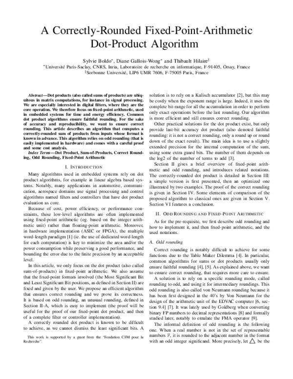Pdf A Correctly Rounded Fixed Point Arithmetic Dot Product Algorithm