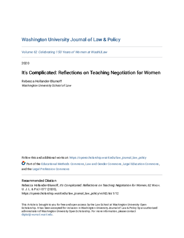 (PDF) It's Complicated: Reflections on Teaching Negotiation for Women