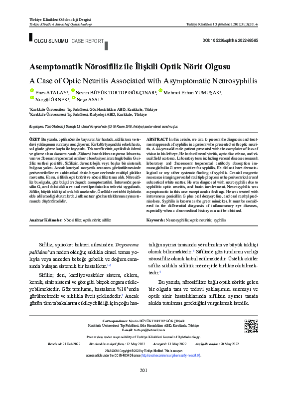 (PDF) A Case of Optic Neuritis Associated with Asymptomatic Neurosyphilis