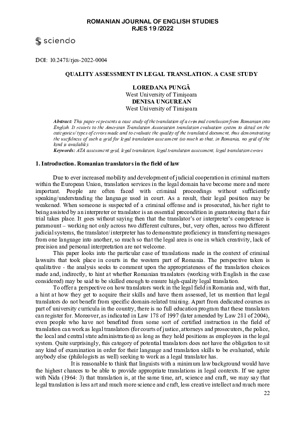 (PDF) Quality Assessment in Legal Translation. A Case Study