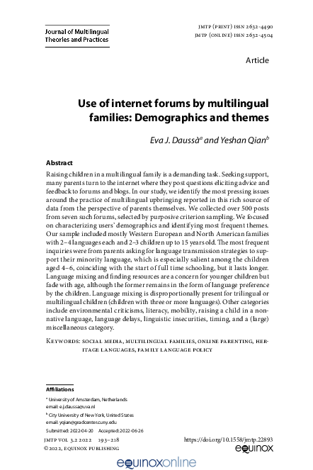 (PDF) Use of internet forums by multilingual families: Demographics and ...