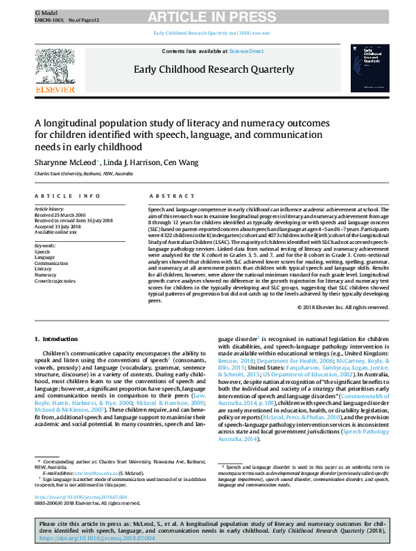 (PDF) A longitudinal population study of literacy and numeracy outcomes for children identified ...