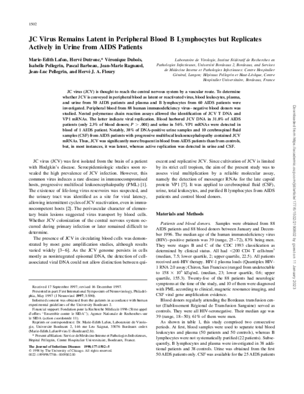 (PDF) JC Virus Remains Latent in Peripheral Blood B Lymphocytes but ...