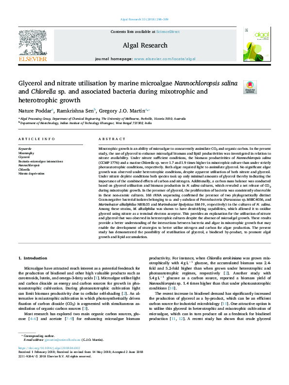 (PDF) Glycerol and nitrate utilisation by marine microalgae Nannochloropsis salina and Chlorella ...
