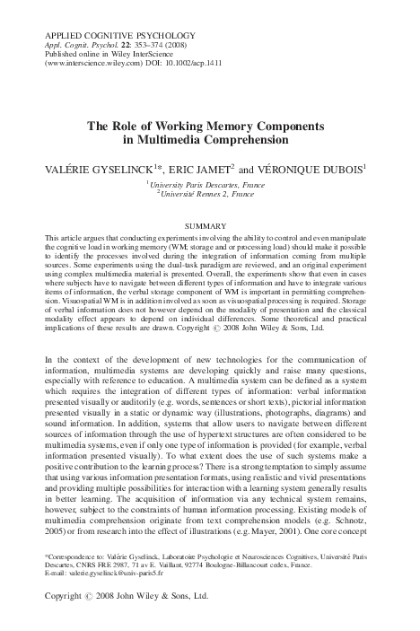 Pdf The Role Of Working Memory Components In Multimedia Comprehension