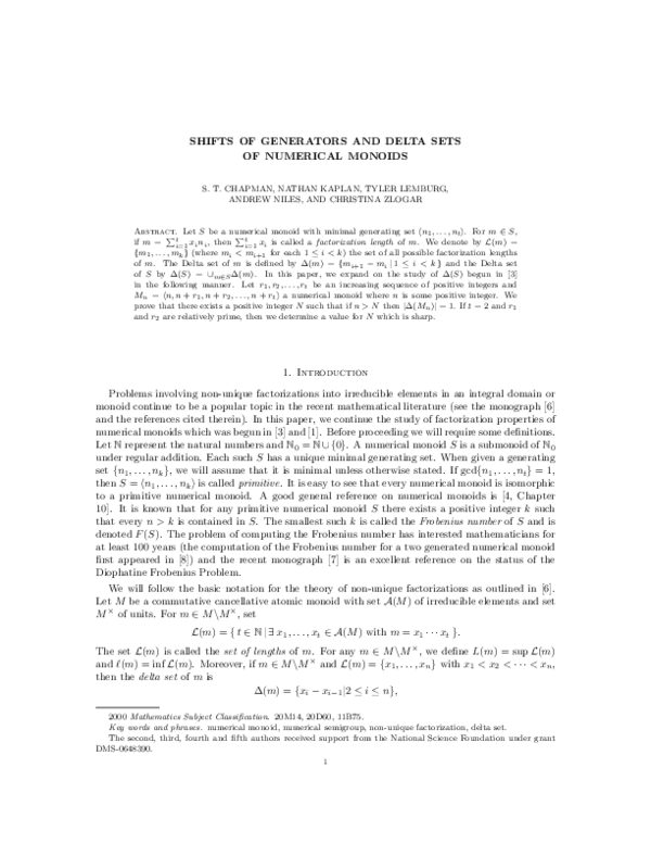 Pdf Shifts Of Generators And Delta Sets Of Numerical Monoids