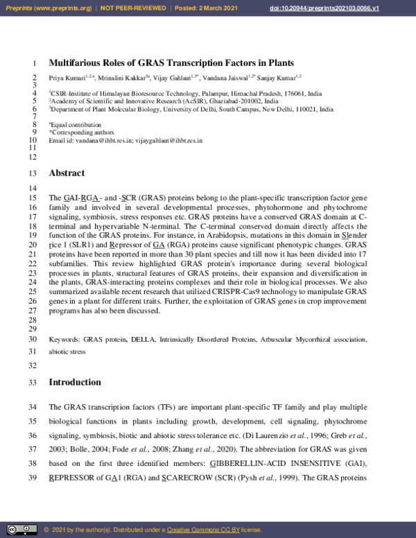 (PDF) Roles of GRAS Transcription Factors in Plant Development