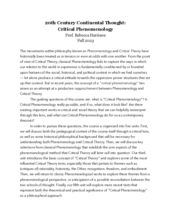 (PDF) 20th Century Continental Thought: Critical Phenomenology [Draft]