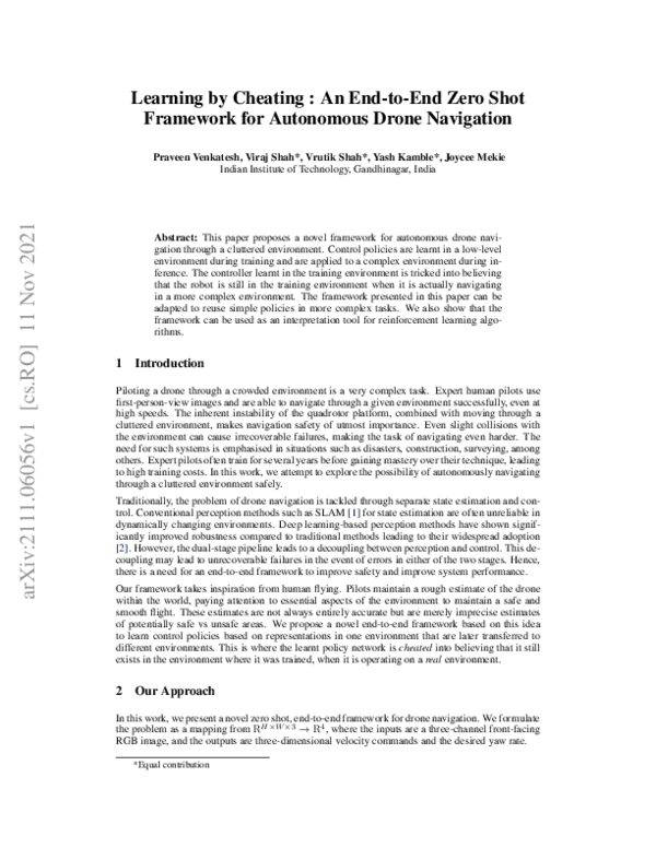 Pdf Learning By Cheating An End To End Zero Shot Framework For Autonomous Drone Navigation