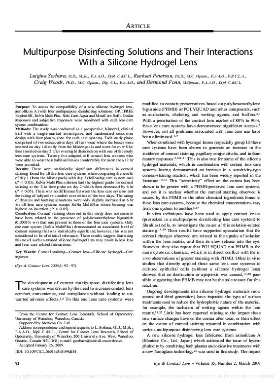(PDF) Multipurpose Disinfecting Solutions and Their Interactions With a Silicone Hydrogel Lens