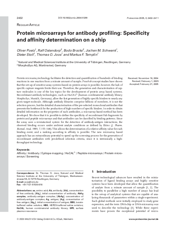 (PDF) Protein microarrays for antibody profiling: Specificity and affinity determination on a chip