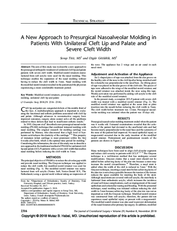 (PDF) A New Approach to Presurgical Nasoalveolar Molding in Patients With Unilateral Cleft Lip ...