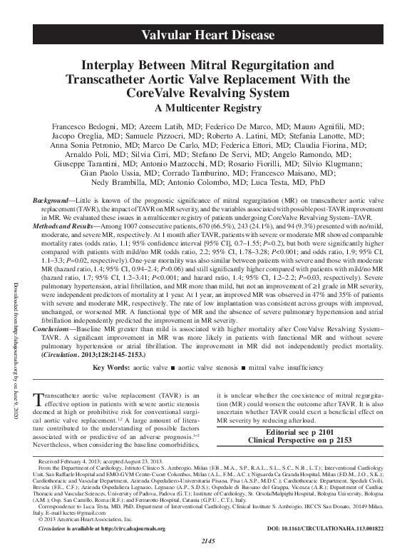 (PDF) Interplay Between Mitral Regurgitation and Transcatheter Aortic ...