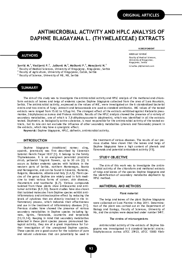 (PDF) Antimicrobial activity and HPLC analysis of Daphne blagayana L ...