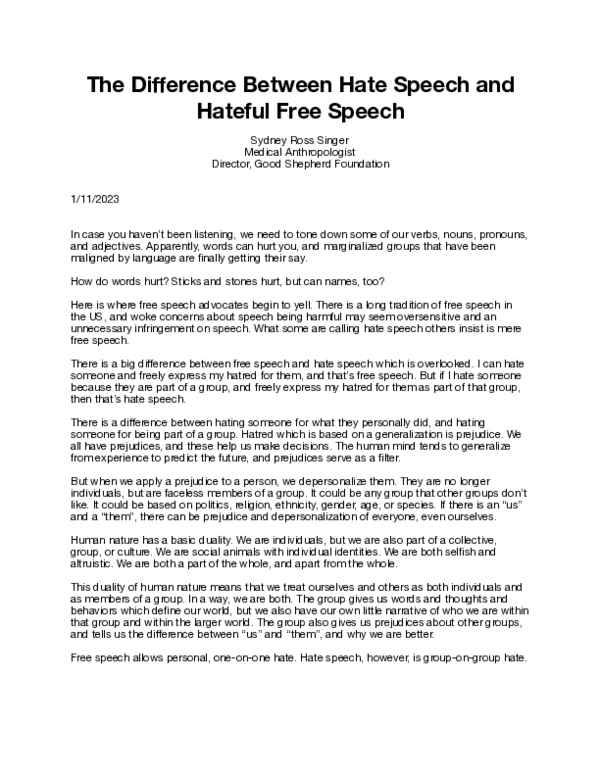 (PDF) The Difference Between Hate Speech and Hateful Free Speech