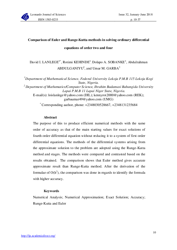 (PDF) Comparison of Euler and Range-Kutta methods in solving ordinary ... (PDF) Comparison of Euler and Range-Kutta methods in solving ordinary ...