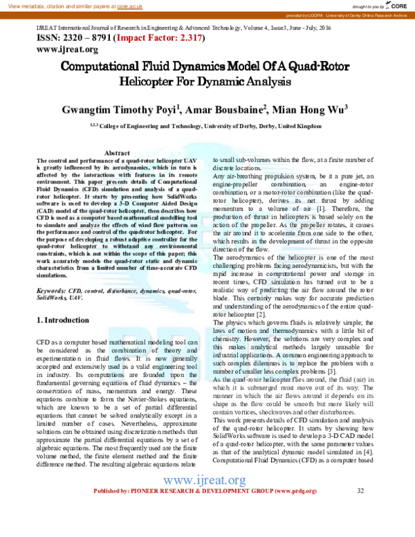Pdf Computational Fluid Dynamics Model Of A Quad Rotor Helicopter For