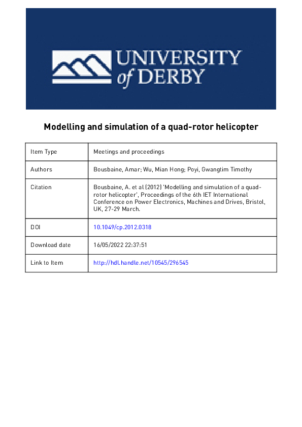 Pdf Modelling And Simulation Of A Quad Rotor Helicopter