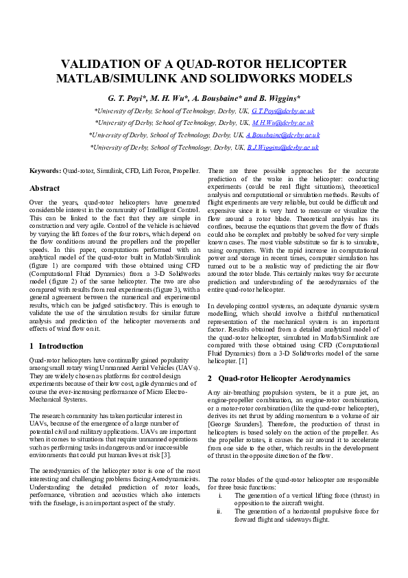 (DOC) Validation of a quad-rotor helicopter Matlab/Simulink and Solidworks models