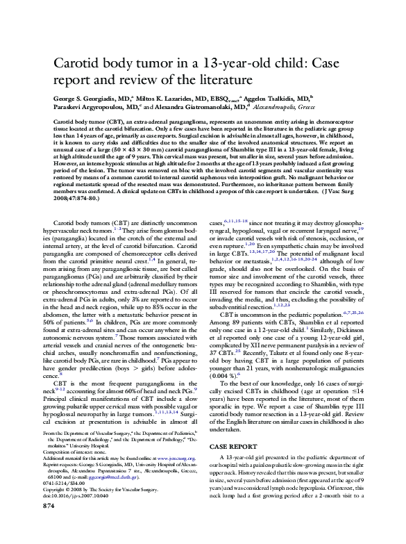(PDF) Carotid body tumor in a 13-year-old child: Case report and review of the literature