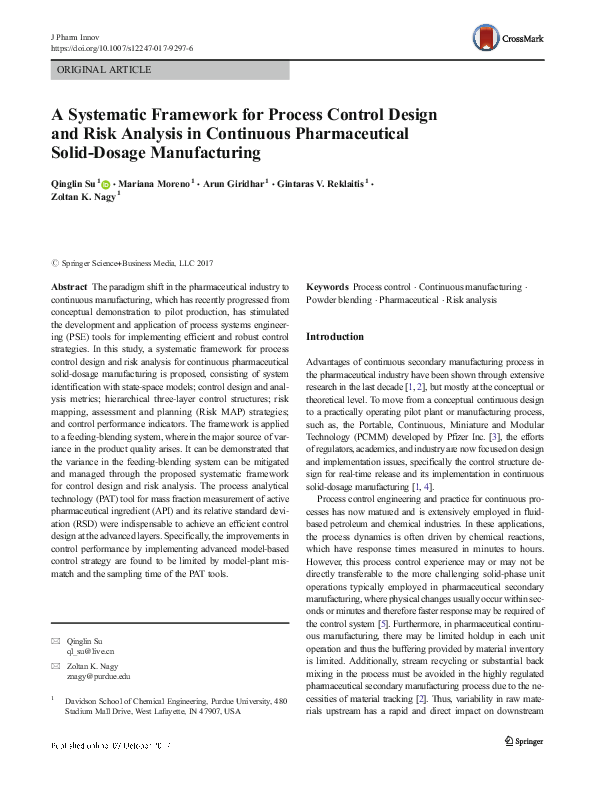 (PDF) A Systematic Framework for Process Control Design and Risk Analysis in Continuous ...