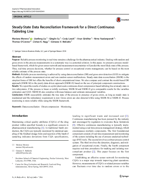 Pdf Steady State Data Reconciliation Framework For A Direct Continuous Tableting Line