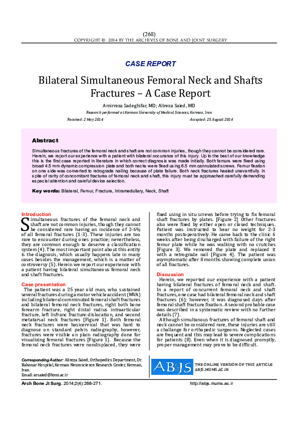 (PDF) Bilateral simultaneous femoral neck and shafts fractures - a case ...