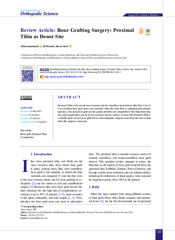 (PDF) Bone Grafting Surgery, Proximal Tibia as Donor Site
