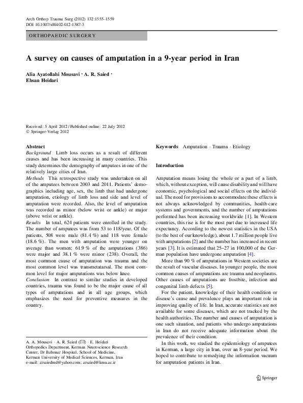 (PDF) A survey on causes of amputation in a 9-year period in Iran