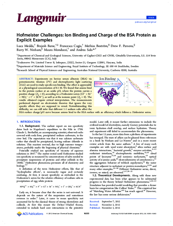(PDF) Hofmeister Challenges: Ion Binding and Charge of the BSA Protein ...