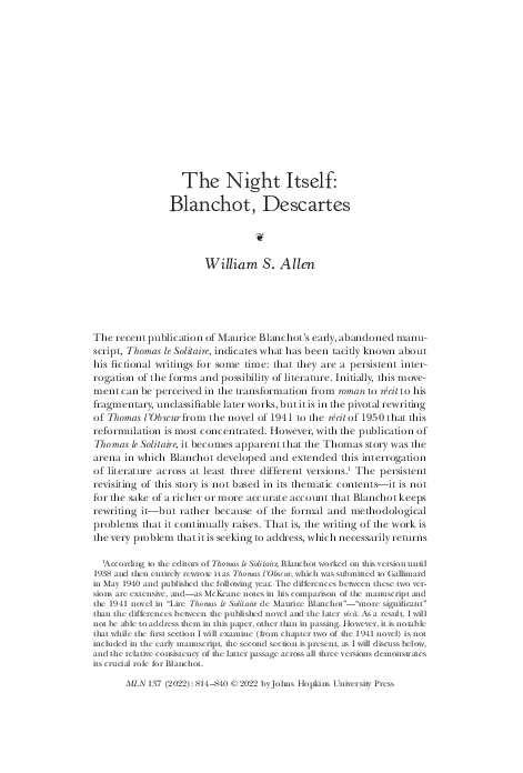 (PDF) The Night Itself: Blanchot, Descartes