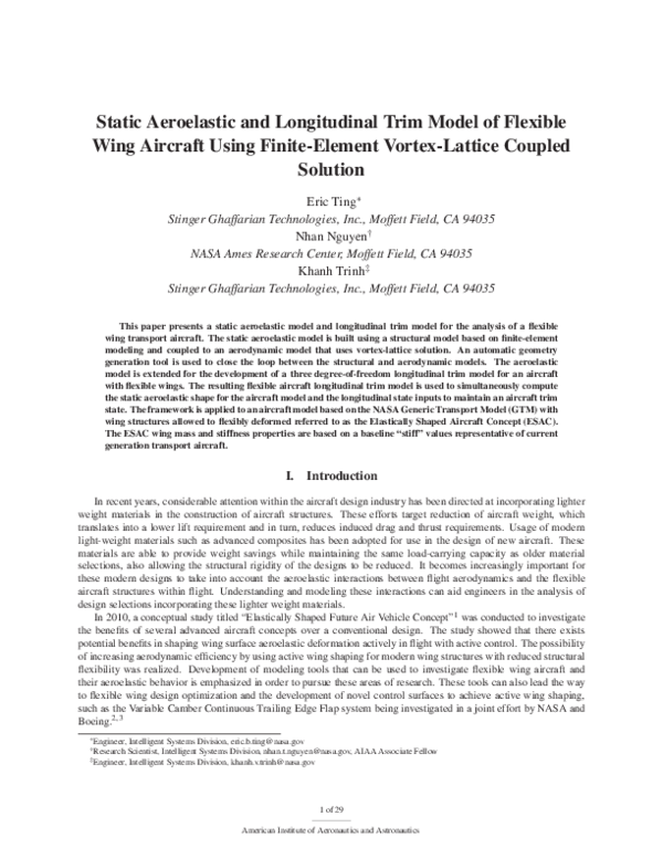 Pdf Static Aeroelastic And Longitudinal Trim Model Of Flexible Wing Aircraft Using Finite