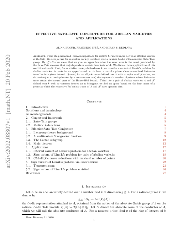 (PDF) Effective Sato-Tate conjecture for abelian varieties and applications