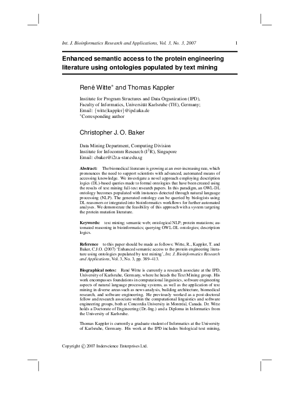 Pdf Enhanced Semantic Access To The Protein Engineering Literature Using Ontologies Populated