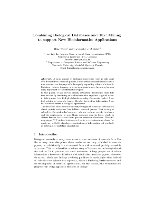 Pdf Combining Biological Databases And Text Mining To Support New Bioinformatics Applications