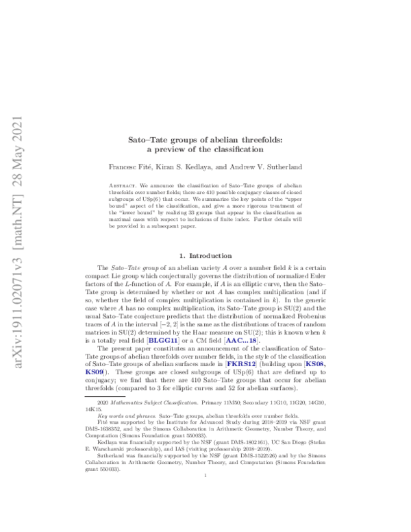 (PDF) Sato–Tate groups of abelian threefolds: a preview of the ...