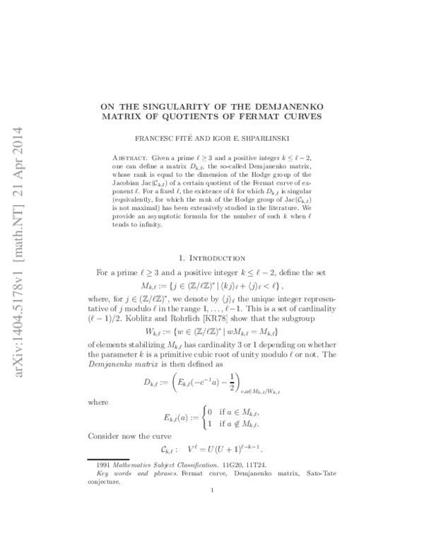 (PDF) On the singularity of the Demjanenko matrix of quotients of ...