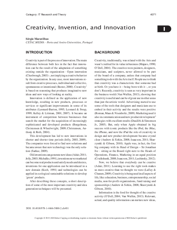 (PDF) Creativity, Invention, and Innovation
