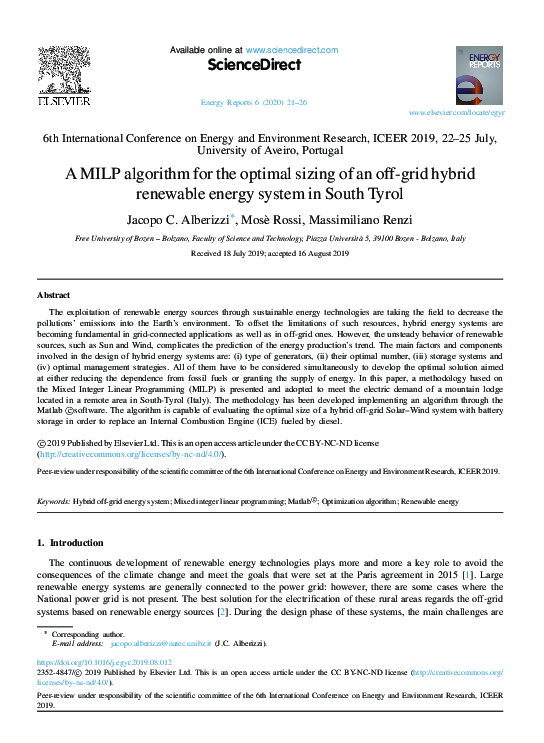 Pdf A Milp Algorithm For The Optimal Sizing Of An Off Grid Hybrid